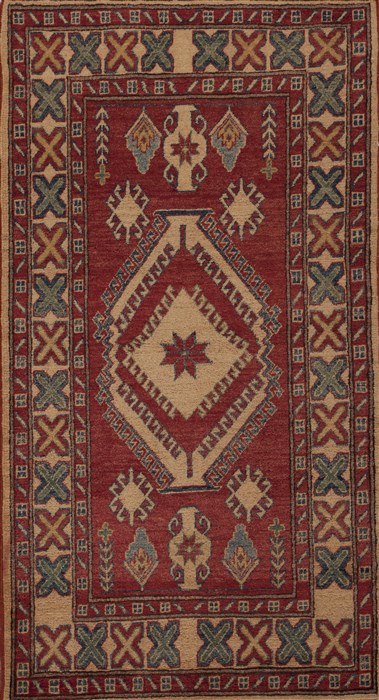 Pakistani Kazak Red Rectangle 3x5 ft Wool Carpet 13562 | SKU 13562