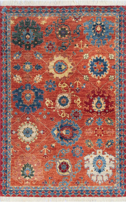 Afghan Chobi Orange Rectangle 4x6 ft Wool Carpet 145519 | SKU 145519